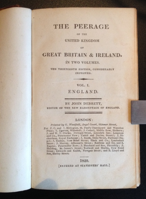 Debrett’s Peerage In 2 Volumes 1820 Vol. I: England - Vol. Ii: Scotland ...