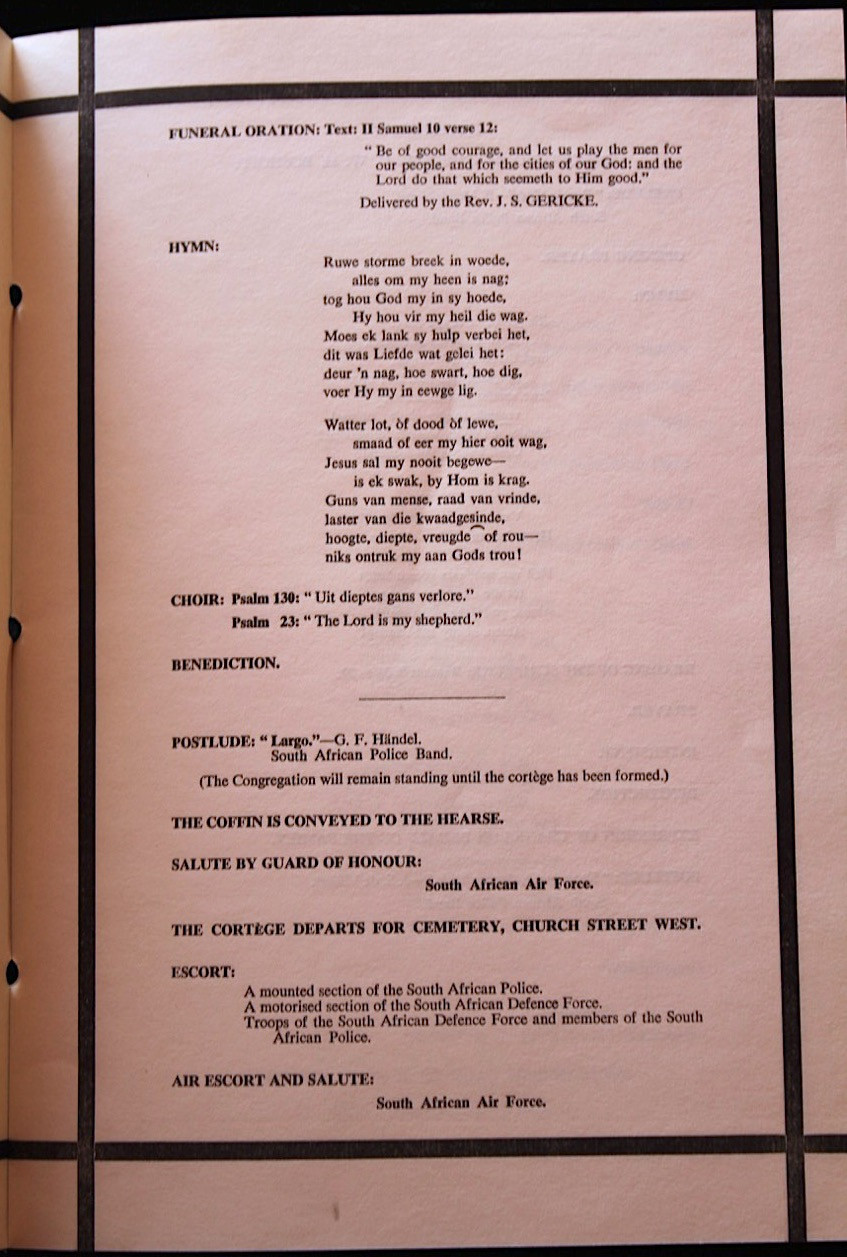 Original State Funeral Program For Assassinated South African Prime ...