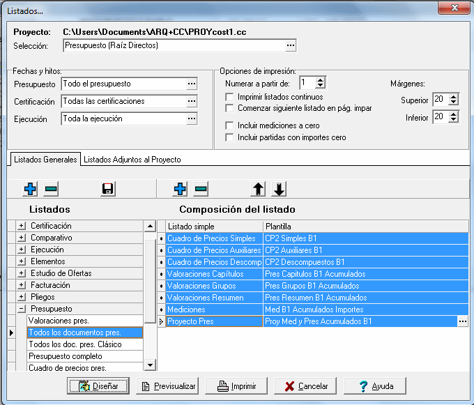 Definición del listado