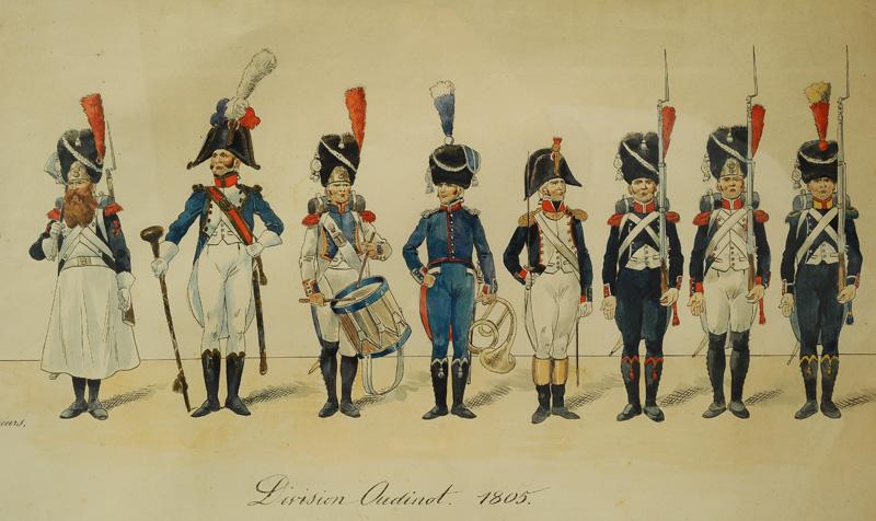 PAIRE DE DESSINS AQUARELLÉS : 3ème RÉGIMENT D'INFANTERIE 1812 - DIVISION OUDINOT 1805, XXème SIÈCLE