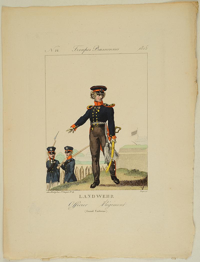 GENTY : PLANCHE 22, LANDWEHR, OFFICIER DE RÉGIMENT EN GRAND UNIFORME, 1815
