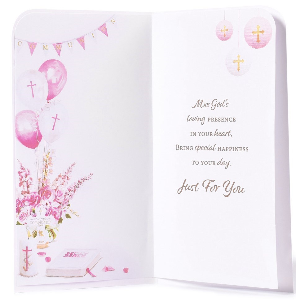 First Holy Communion Greeting Card - Pink Flowers Balloons Gold Foil 8 ...