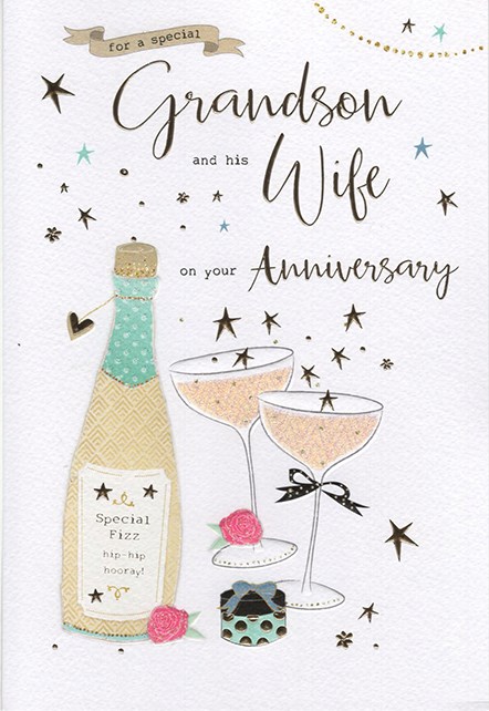 ICG Grandson Wife Anniversary Card Champagne Present Pink Roses icg-grandson-wife-anniversary-card-champagne-present-pink-roses