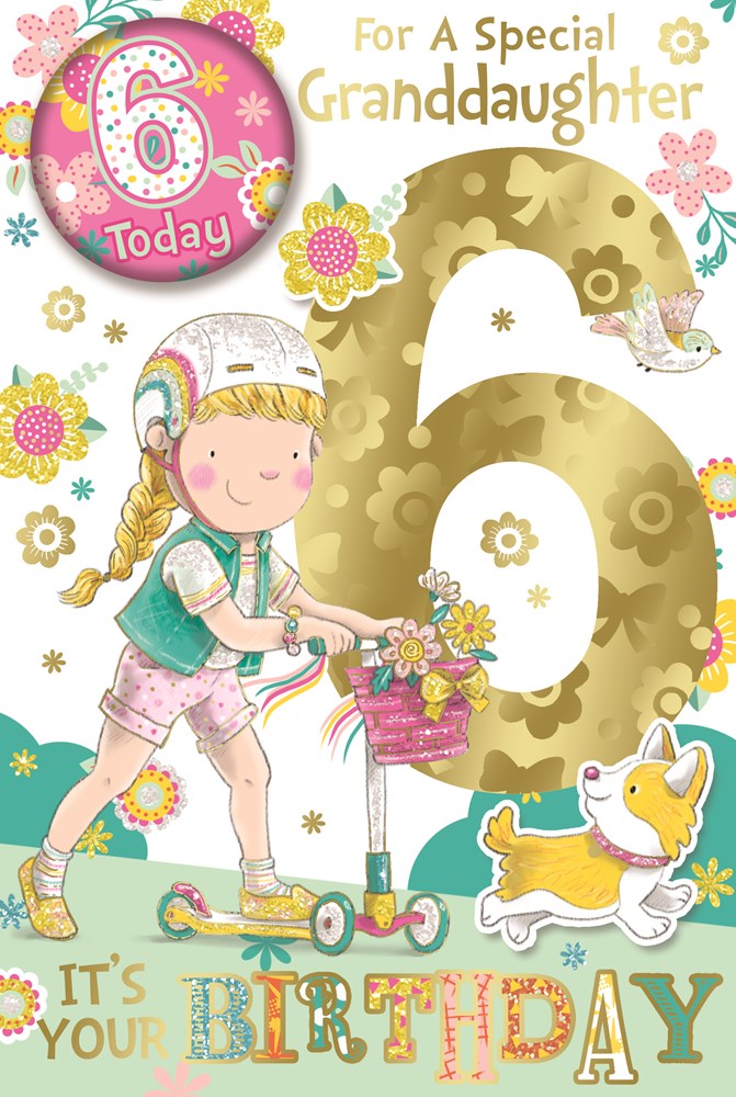 Granddaughter 6th Birthday Card And Badge 6 Today Girl On Scooter Glitter