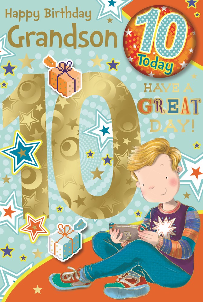 Grandson 10th Birthday Card Badge 10 Today Boy With Games Grandson 10th Birthday Card Badge 10 Today Boy With Games
