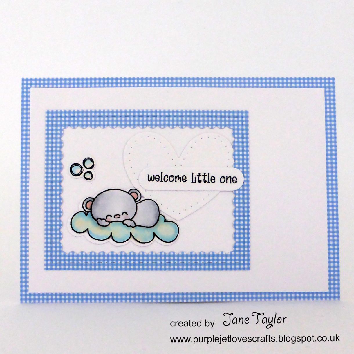 New Baby Card Gingham baby Blue on white