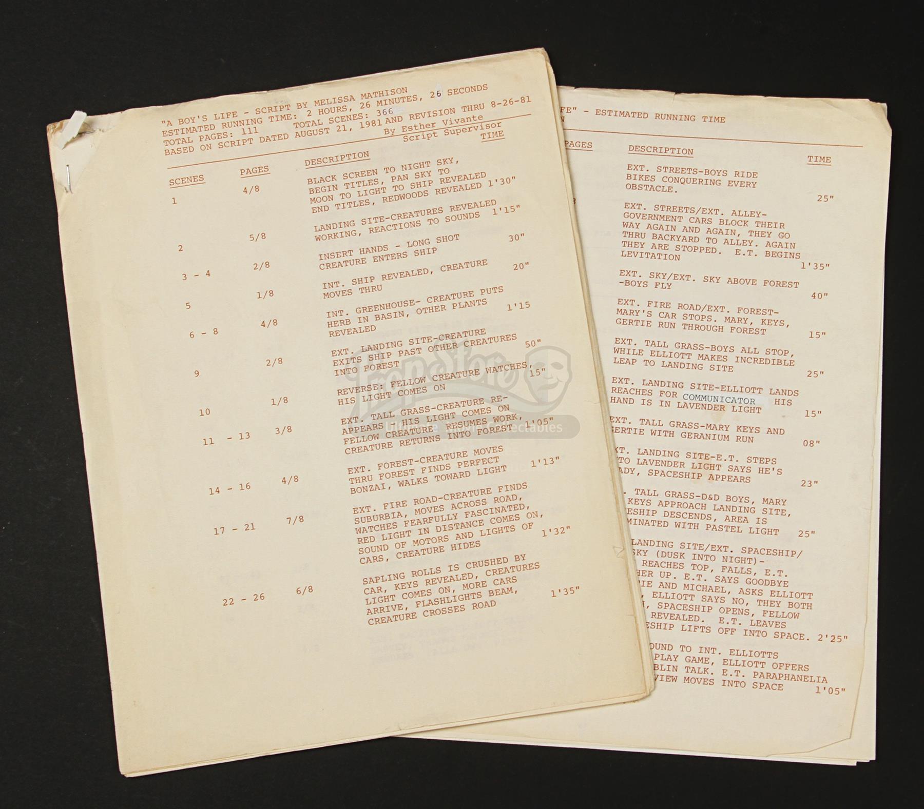 E.T. (1982) - Script Supervisor's Continuity Script and Breakdowns ...