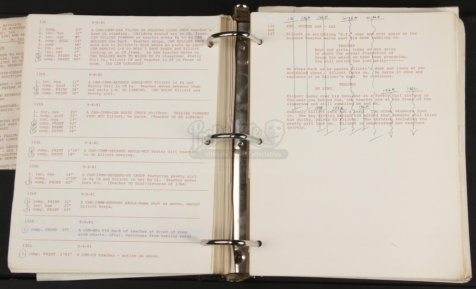 E.T. (1982) - Script Supervisor's Continuity Script and Breakdowns ...