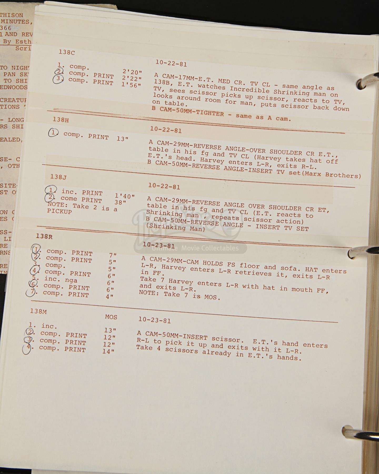 E.T. (1982) - Script Supervisor's Continuity Script and Breakdowns ...