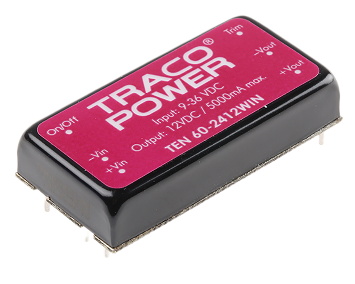 TRACOPOWER TEN 60WIN 60W Isolated DC-DC Converter Through Hole, Vin 9 → 36 V Dc, Vout 12V Dc ...