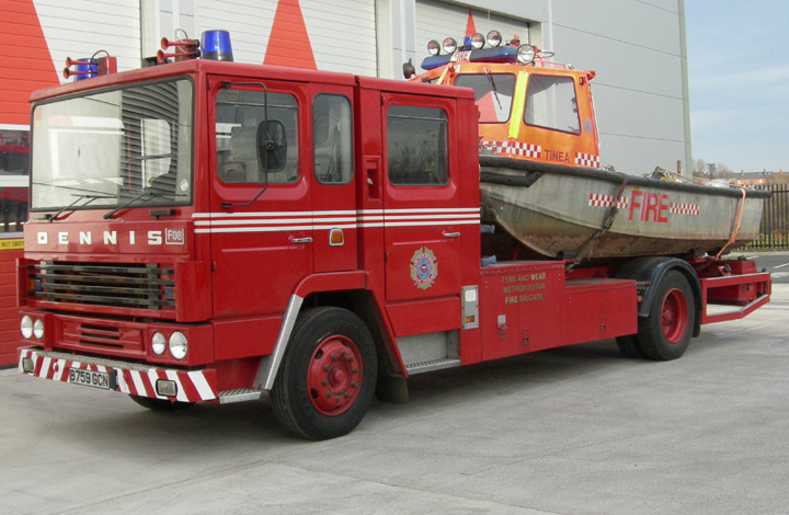 Fire Engines Photos - Dennis Fire Boat Transporter and Fire Boat 'Tinea'