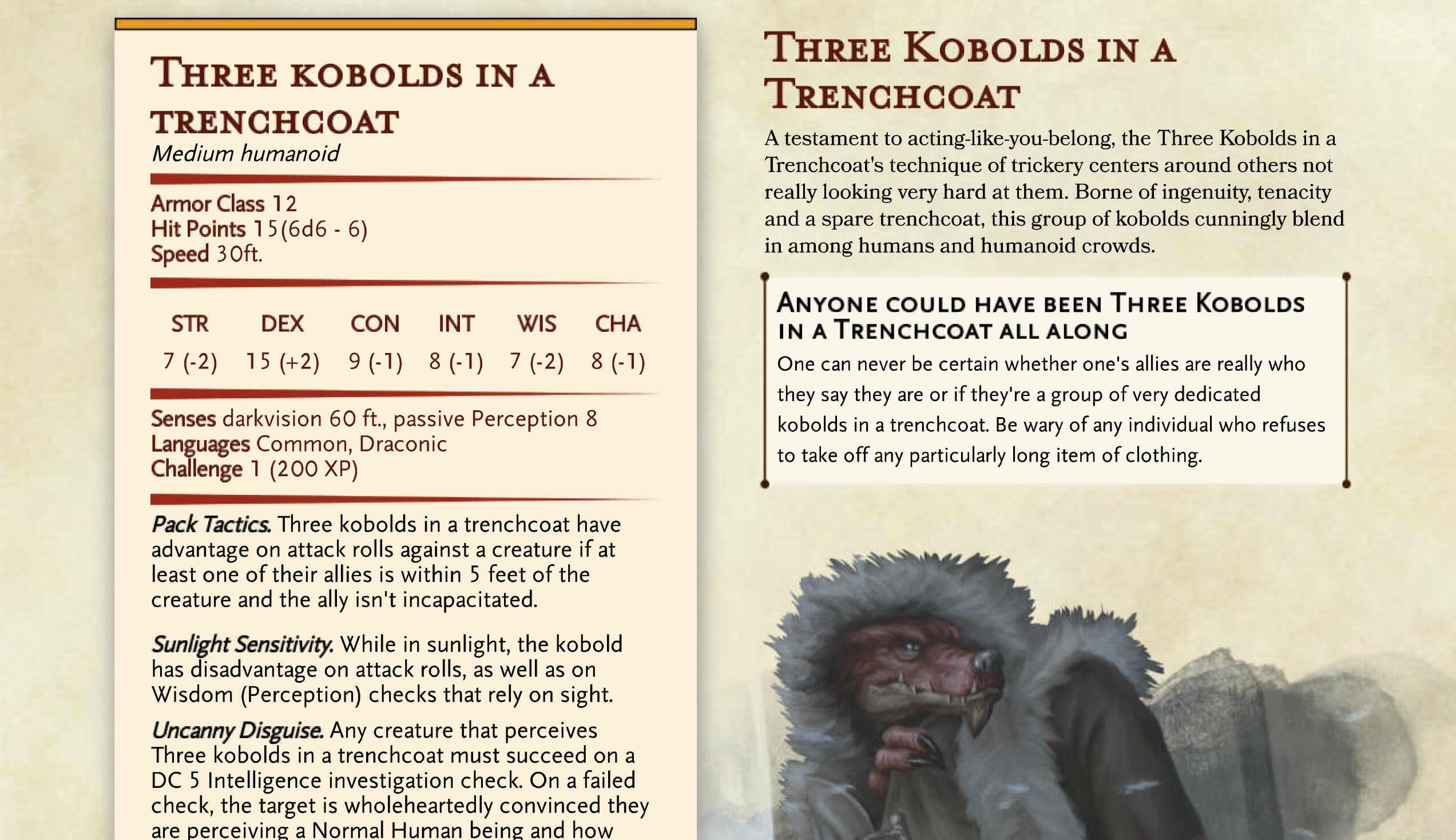 Three kobolds in a trenchcoat get a statblock