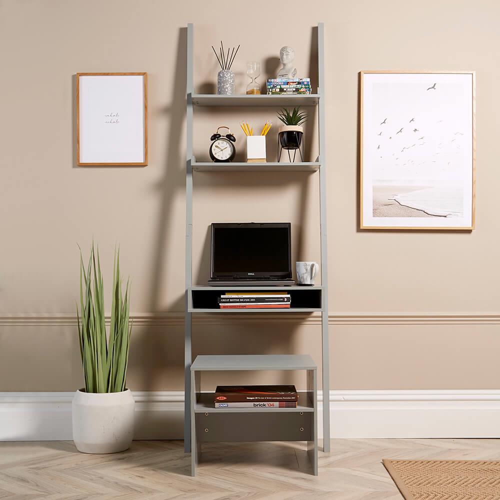 Grey 3 Tier Ladder Desk Unit Home Office Shelving Storage with Stool ...