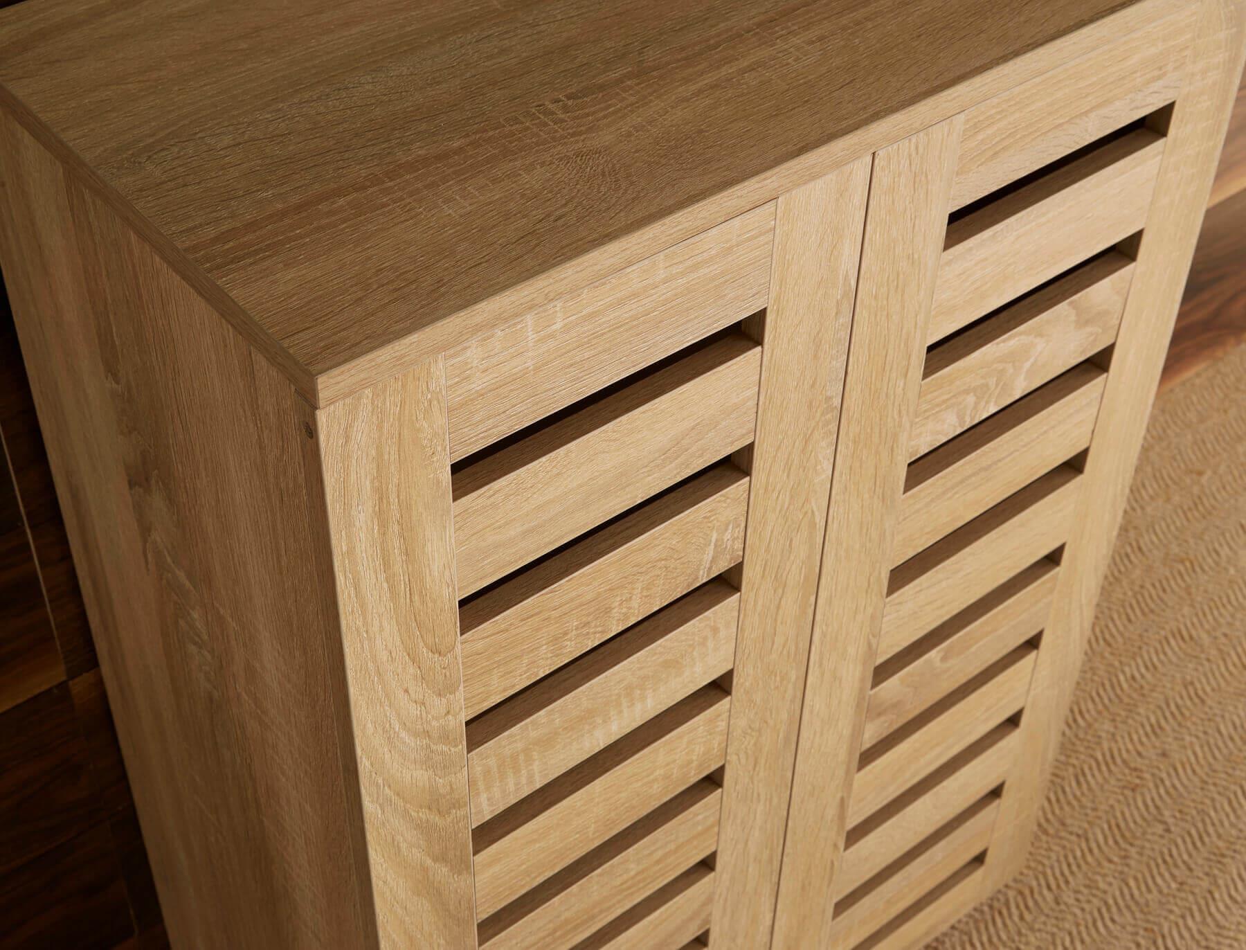 Oslo 2 Door Oak Wooden Shoe Storage Cabinet Rack Stand Cupboard Slatted ...