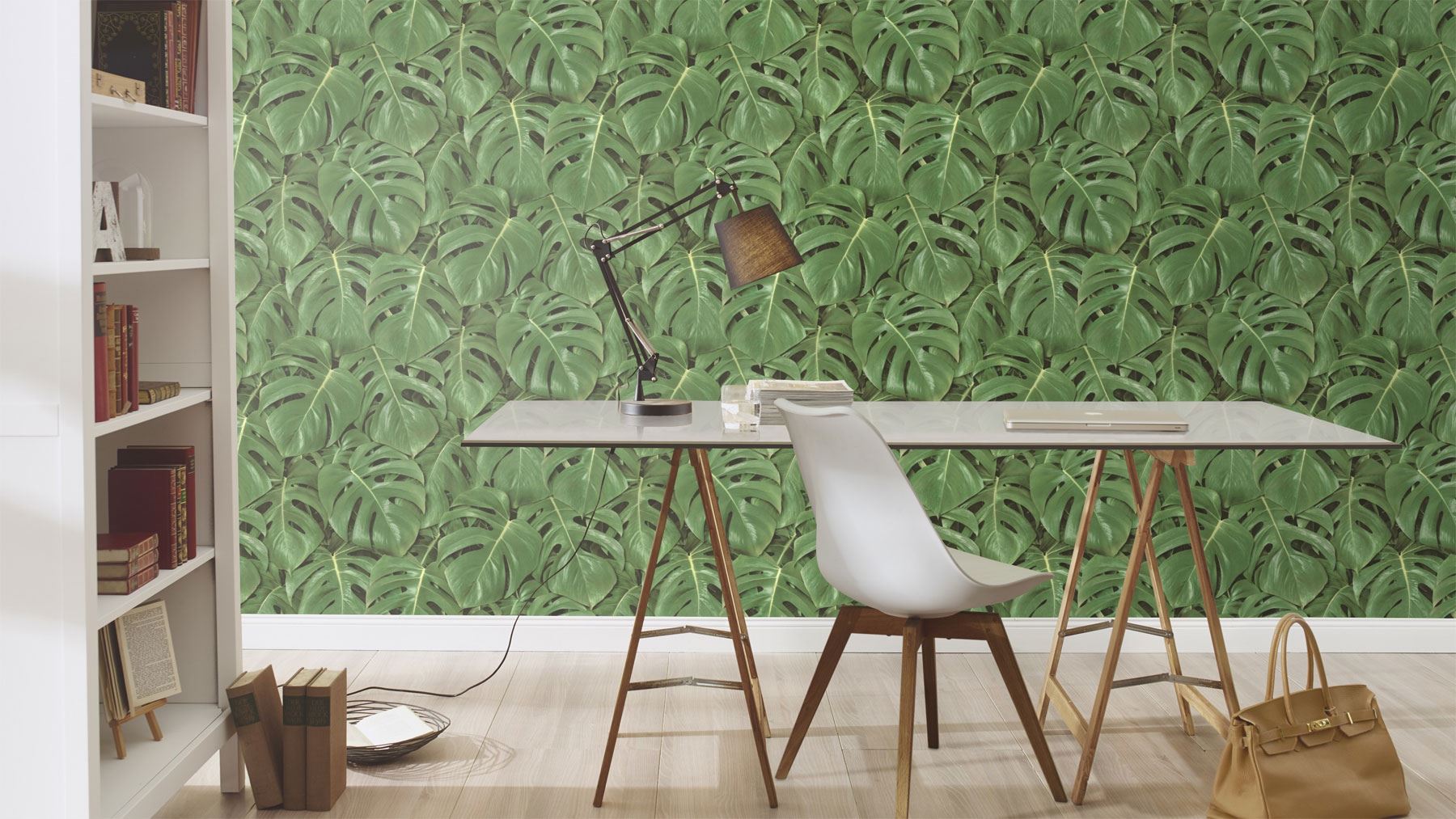 Green Leaf Birds Tropical Wallpaper Vinyl Jungle Animal Print Floral ...