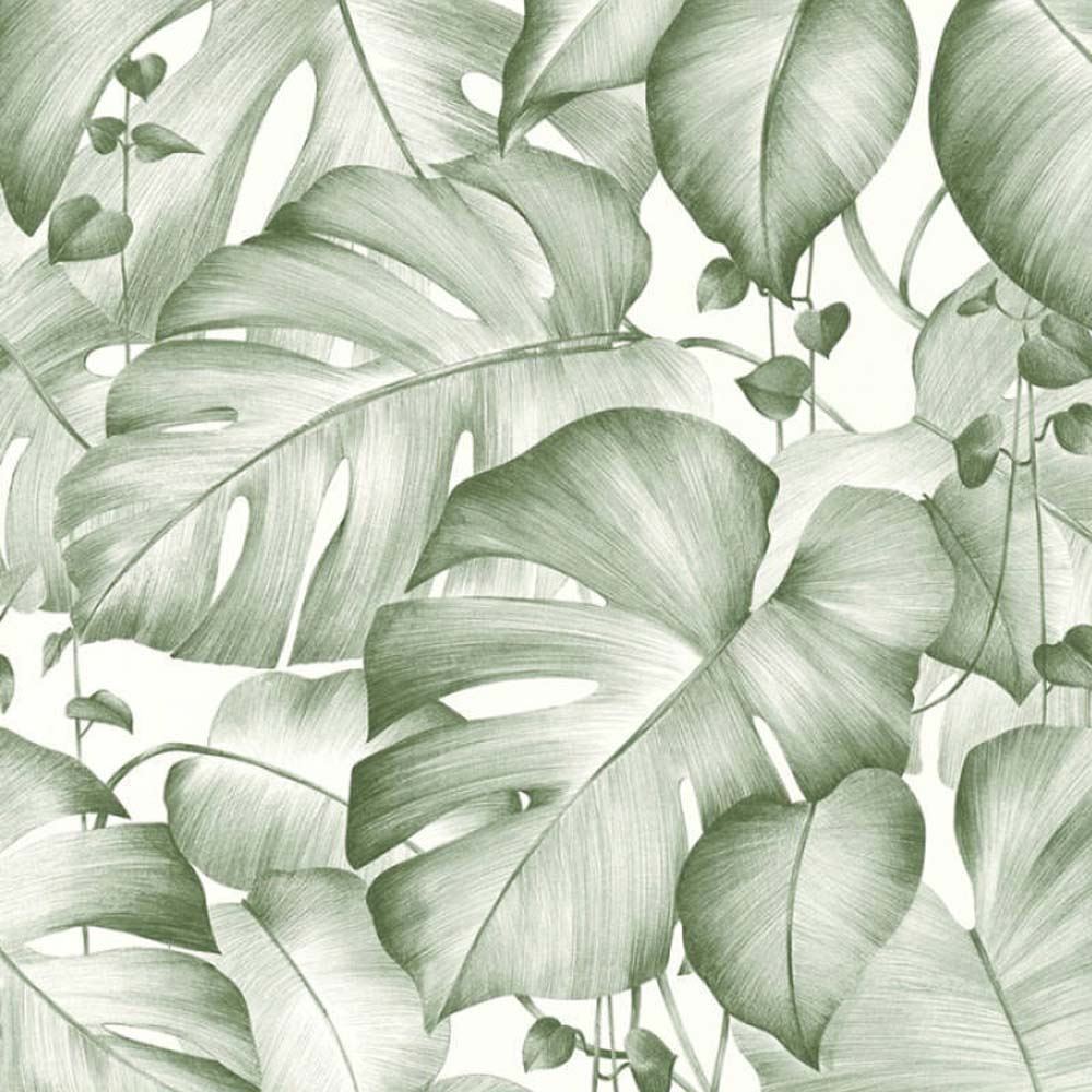 Green Leaf Birds Tropical Wallpaper Vinyl Jungle Animal Print Floral ...