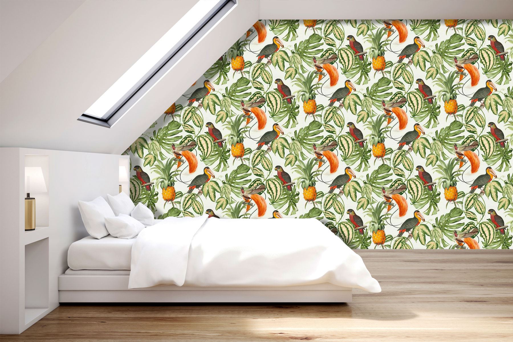 Green Leaf Birds Tropical Wallpaper Vinyl Jungle Animal Print Floral ...