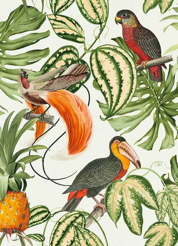 Green Leaf Birds Tropical Wallpaper Vinyl Jungle Animal Print Floral ...