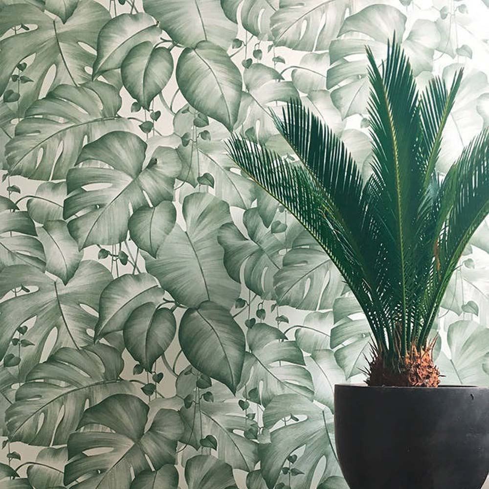 Green Leaf Birds Tropical Wallpaper Vinyl Jungle Animal Print Floral ...