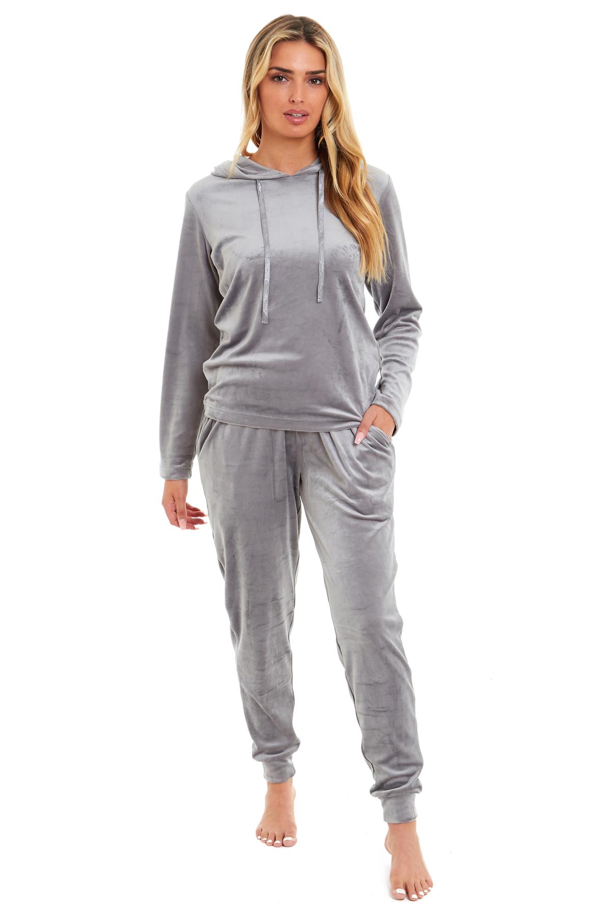 Womens Hooded Velour Lounge Set Soft Stretch-velour Pyjama Sets ...