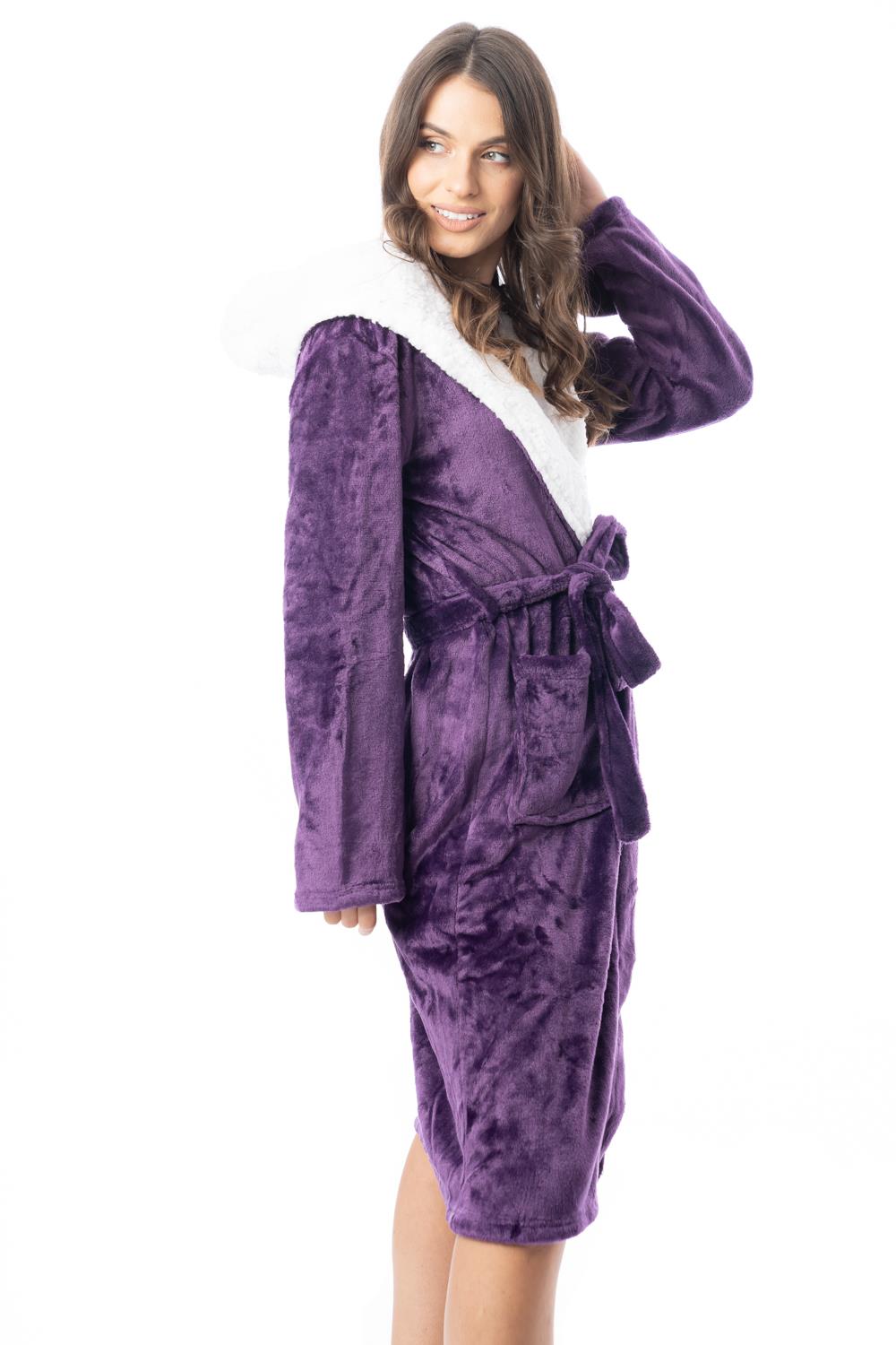 Womens Hooded Dressing Gown Bath Robe Flannel Fleece Robes Sherpa Hood ...