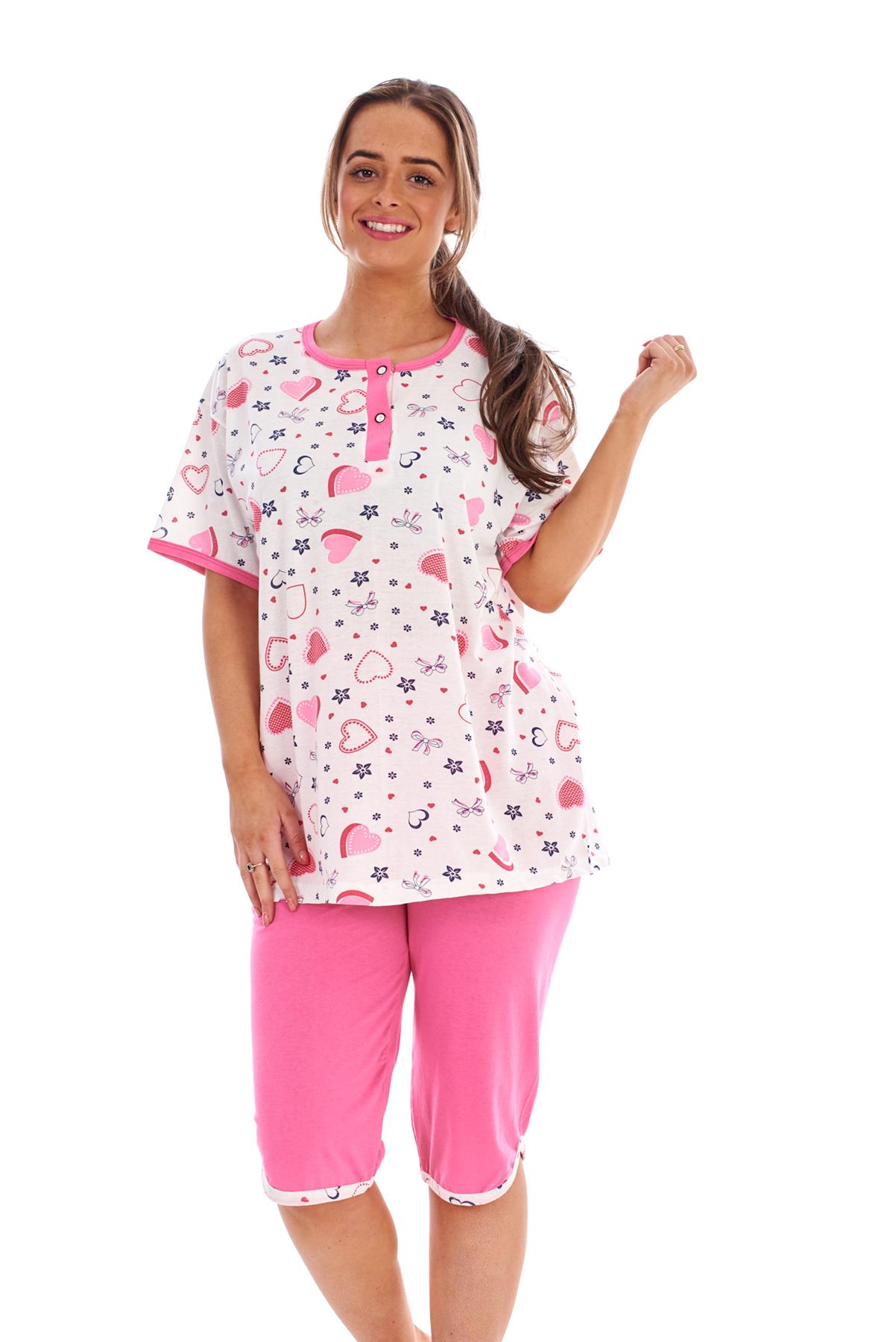 Ladies Cropped Pyjama Set 100% Cotton Heart Printed Crew Neck Buttons ...
