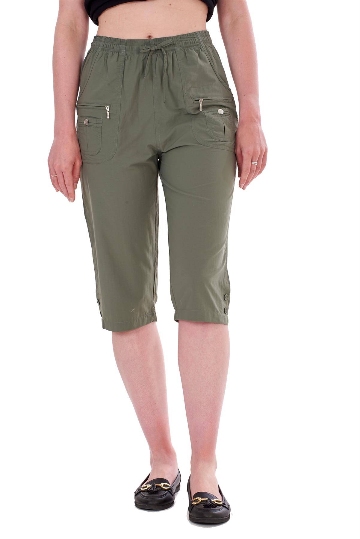 Ladies Cropped Trousers Rich Cotton Elasticated Zip Pockets Women Capri