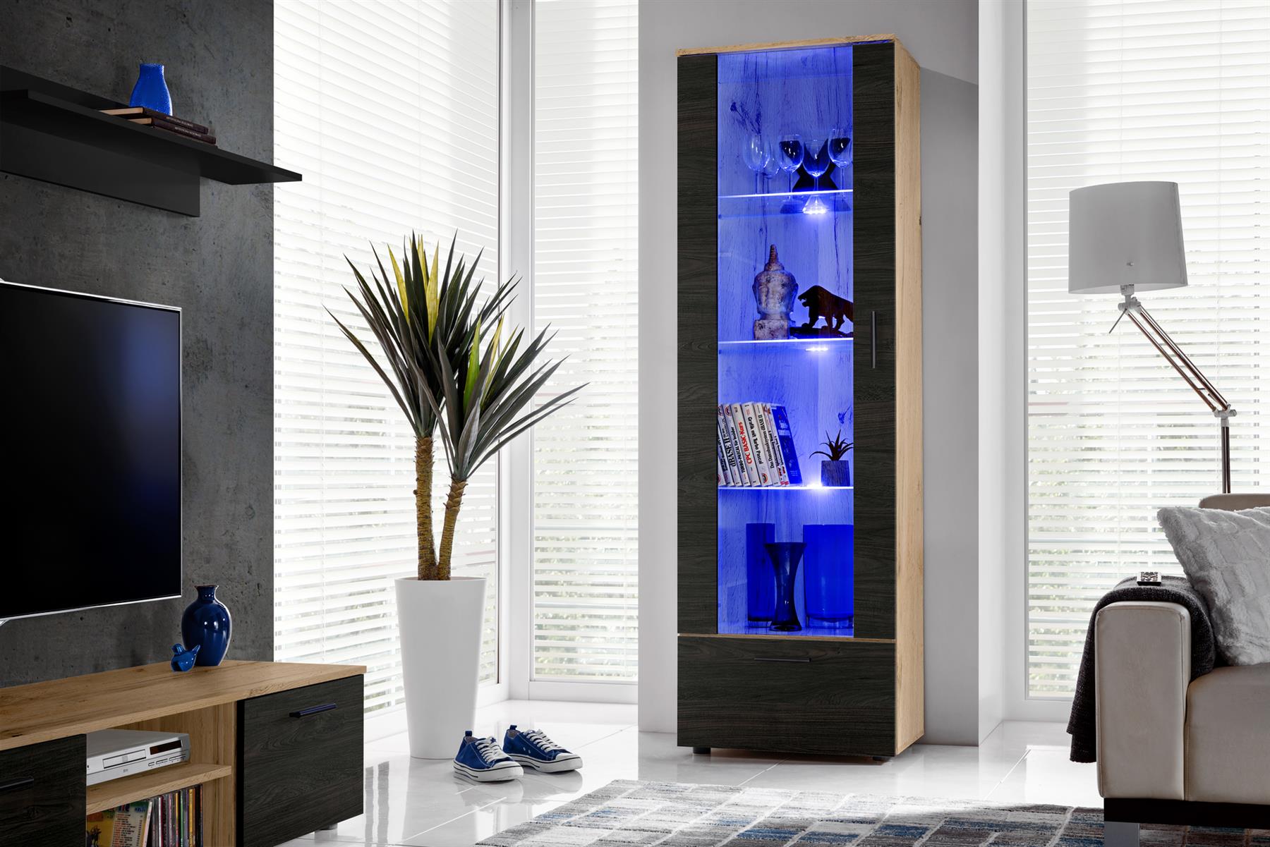Tall Display Cabinet High Gloss White Glass Shelves Furniture Modern ...