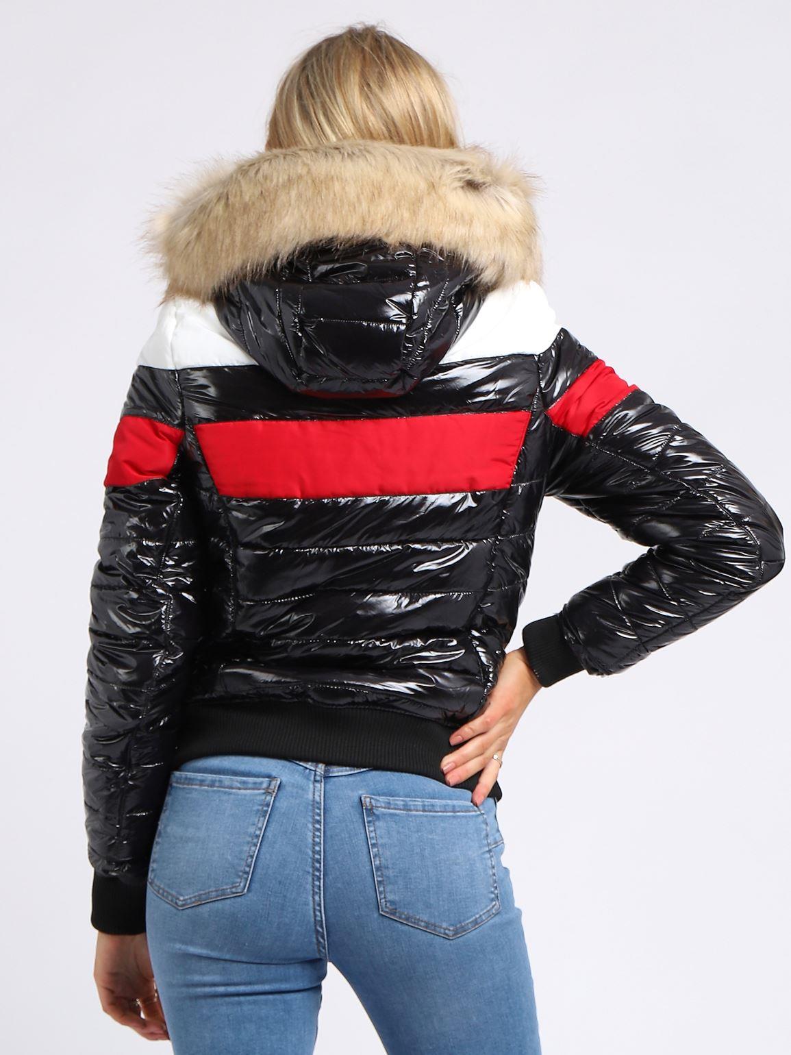 Womens Puffer Jacket Wet Look Faux Fur Coat Black Red Size 6 To 16 Ebay