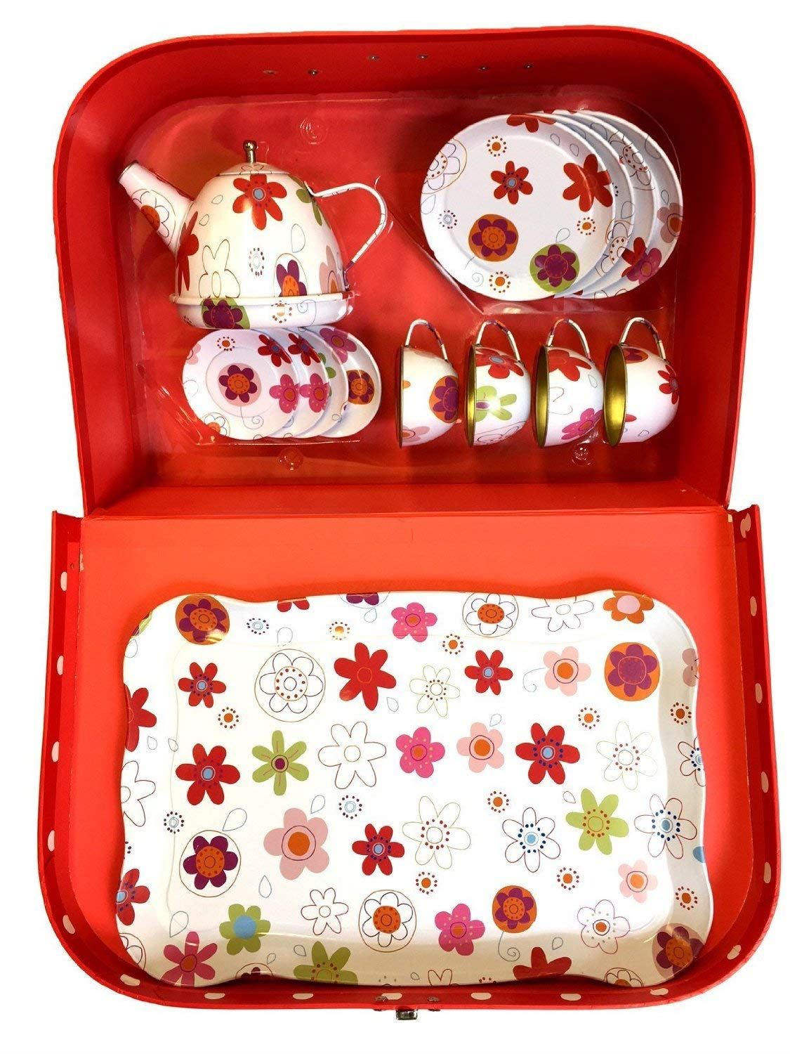 Floral Tin Tea Set Carry Case Toy 15 piece Kids Girls Boys Tea Set ...