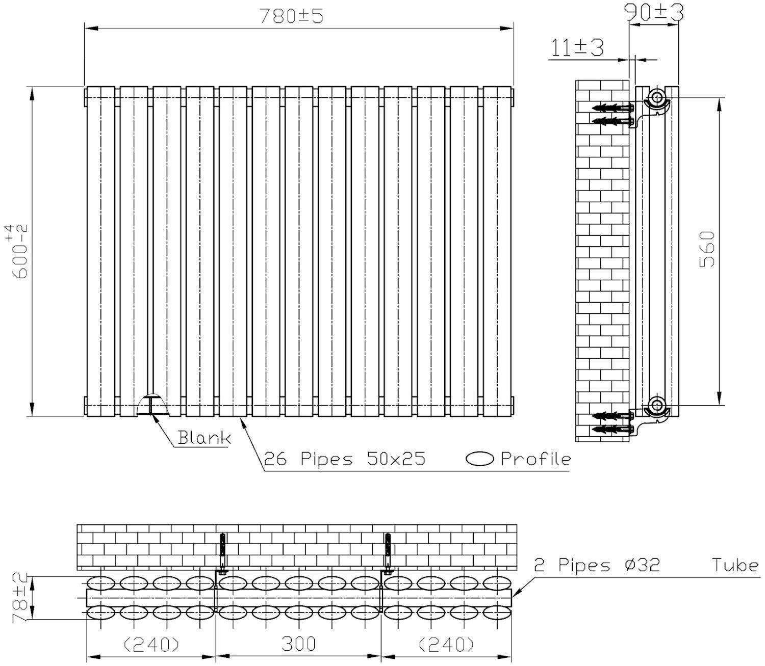 Black Designer Radiator Vertical Horizontal Flat Panel Oval Single ...