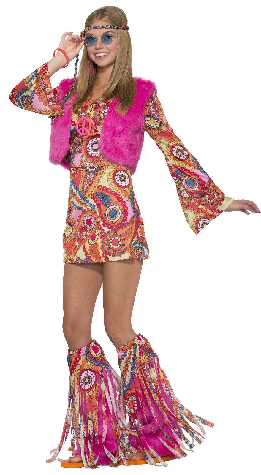 Womens 60s 70s Fur ever Groovy Flower Power Hippie Fancy Dress Costume Womens 60s 70s Fur ever Groovy Flower Power Hippie Fancy Dress Costume