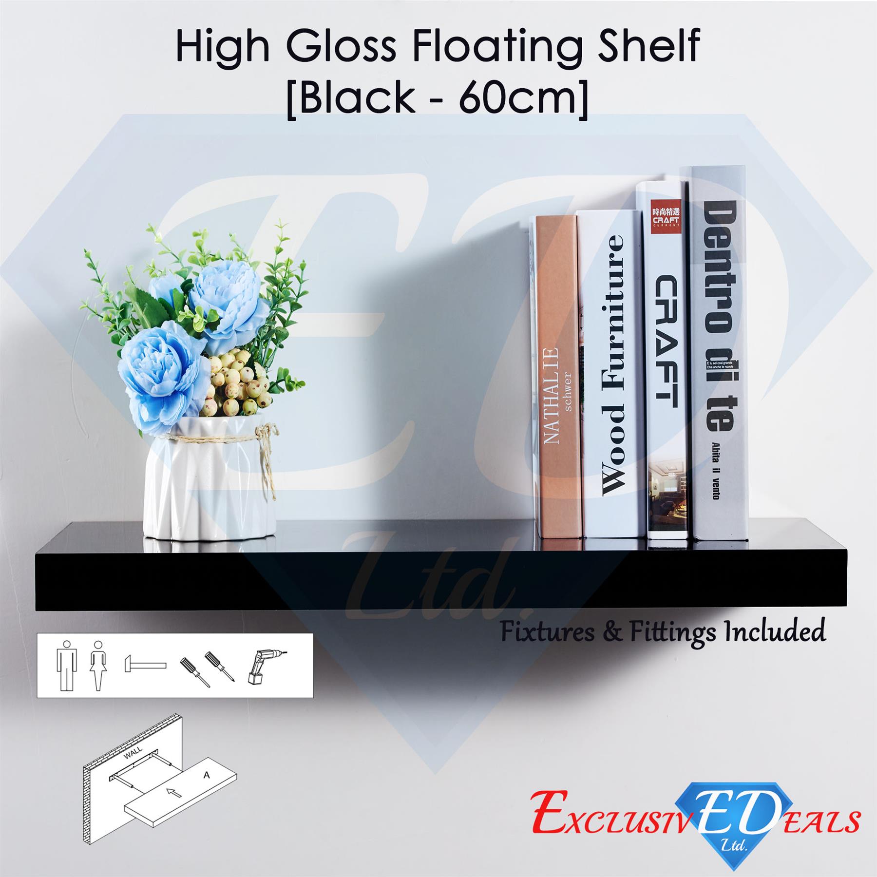 High Gloss Floating Display Shelves Wall Mounted Hidden Bracket Shelf ...