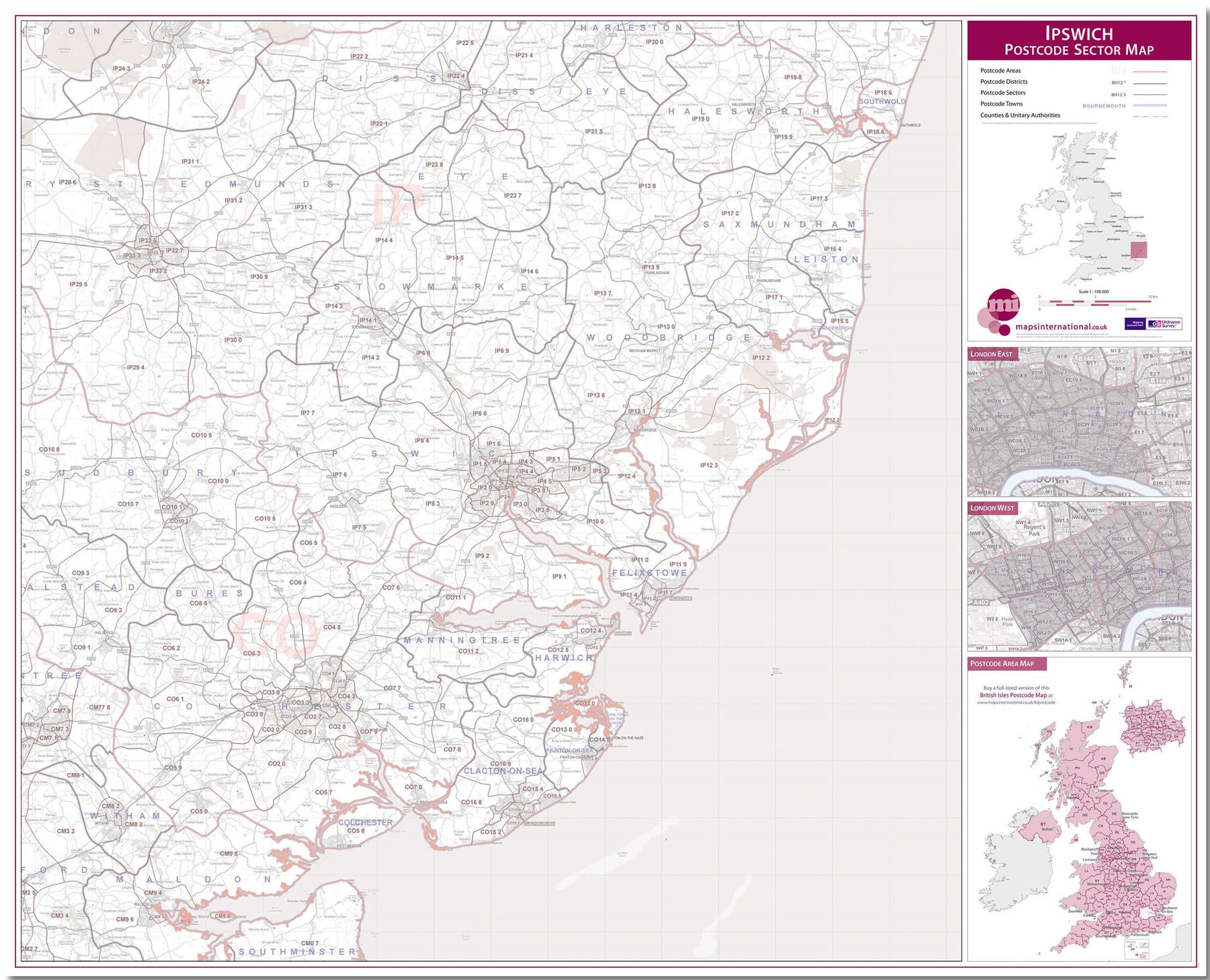 IPSWICH POSTCODE SECTOR Map Poster Print Art Map Choose Size Finish 