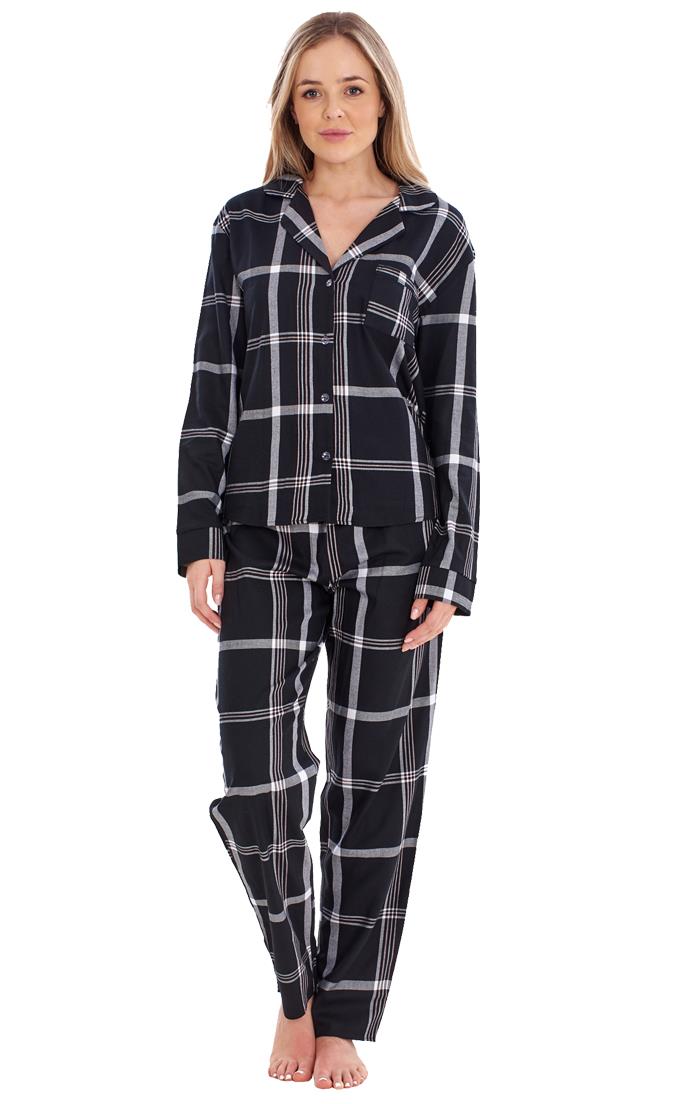 Ladies Pure Cotton Button Up Check Stripes Winceyette Pyjama Set ...