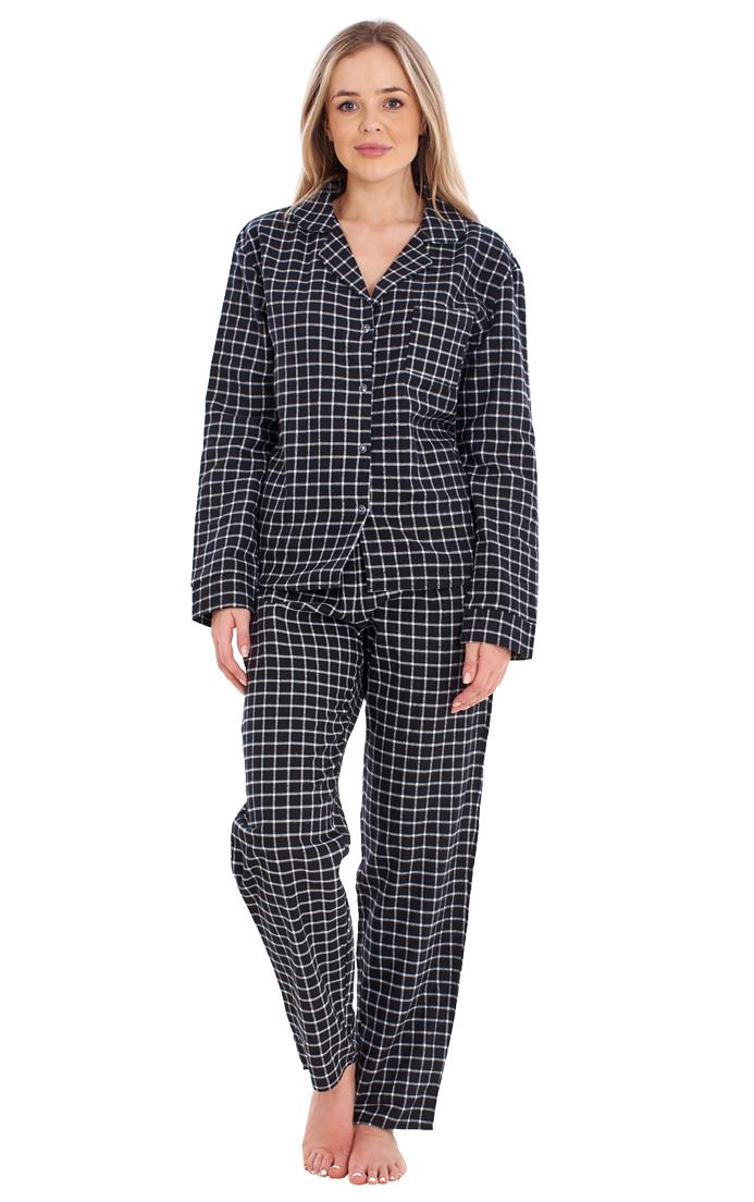 Ladies Pure Cotton Button Up Check Stripes Winceyette Pyjama Set ...
