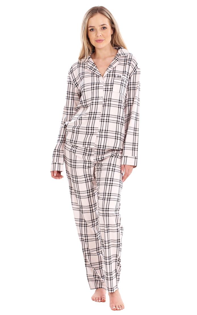 Ladies Pure Cotton Button Up Check Stripes Winceyette Pyjama Set ...