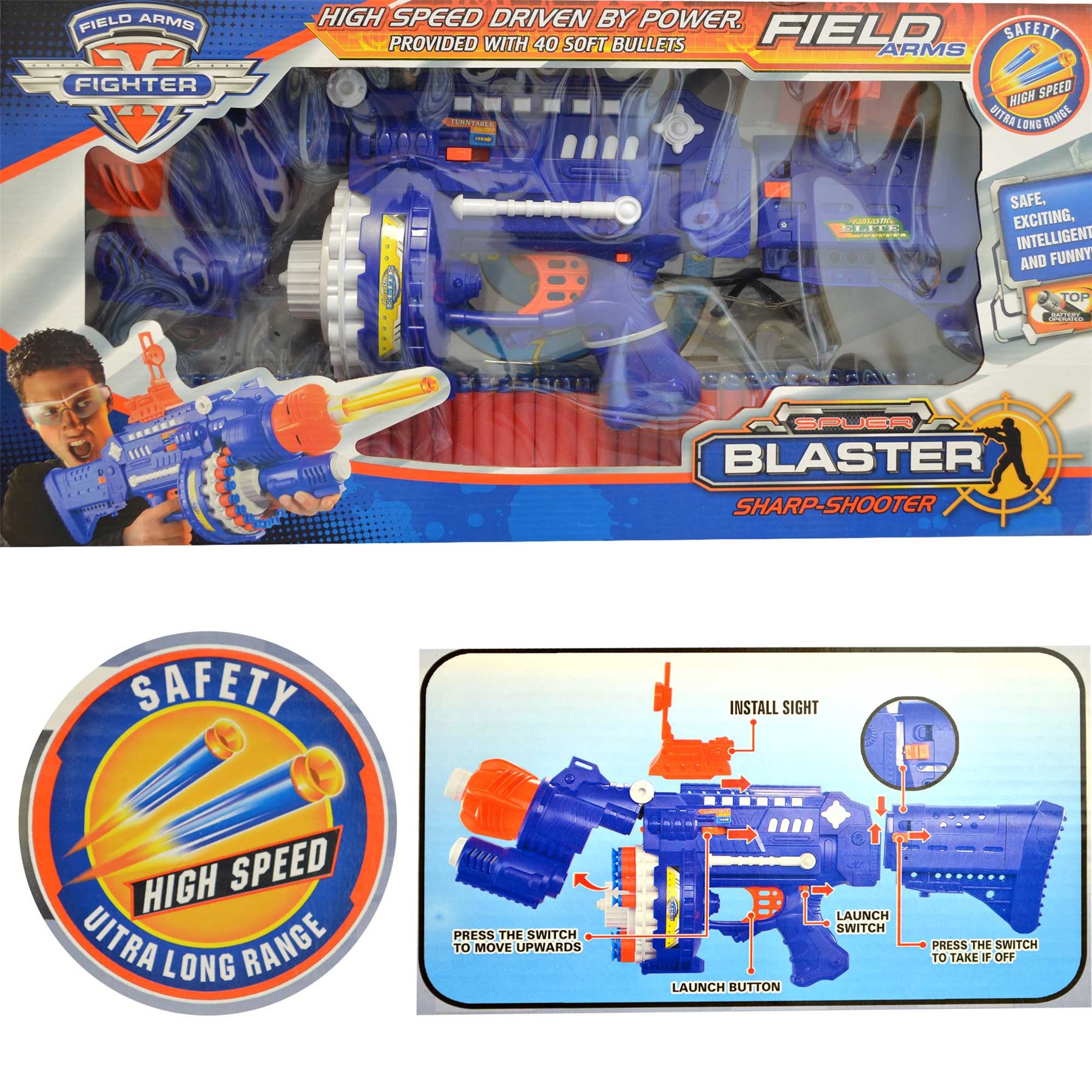 SUPER BLASTER STYLE Rapid Fire Gun With 40 Bullets & Safety Glasses ...