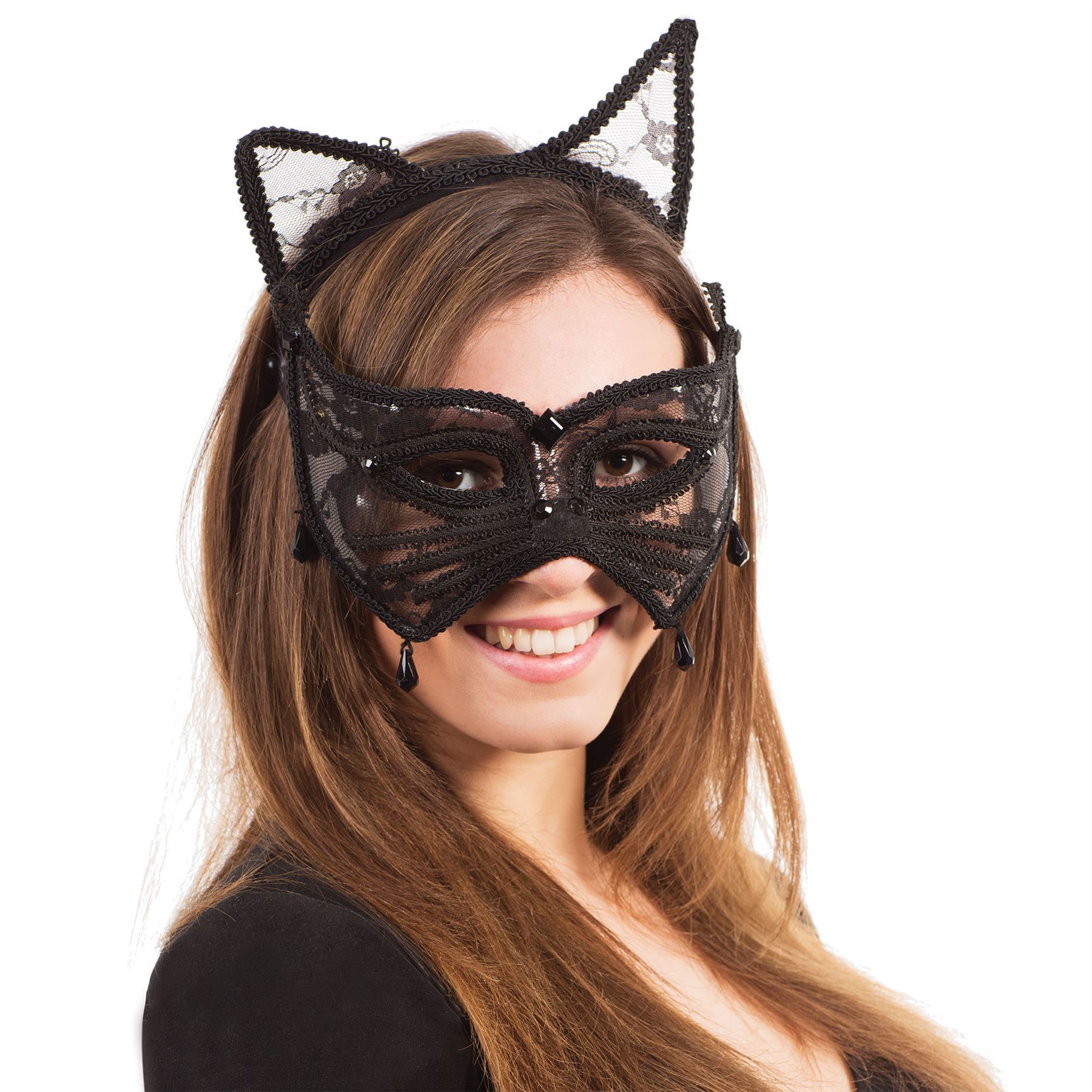 Black Lace Cat Mask & Ears Masquerade Ball Mask On Headband Fancy Dress ...