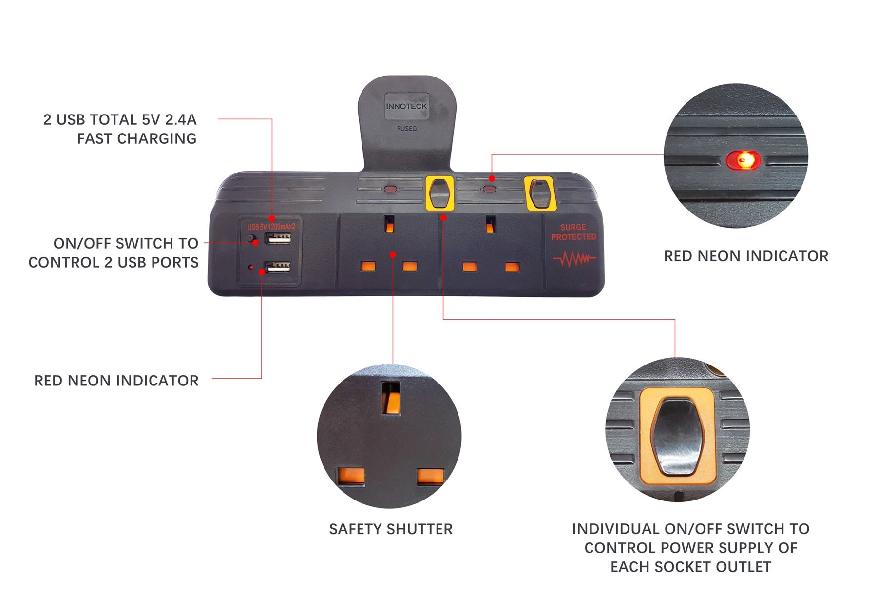 Multi Plug Extension Lead UK Mains Wall Socket Adaptors USB 2 3 4 5 ...