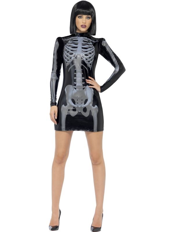 Ladies Fever Miss Whiplash Skeleton Costume Sexy Fancy Dress Halloween