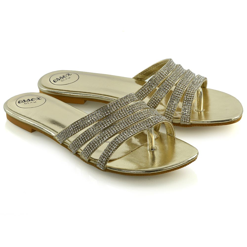Womens Strappy Slider Shoes Ladies Flip Flop Sparkly Diamante Toe Post ...