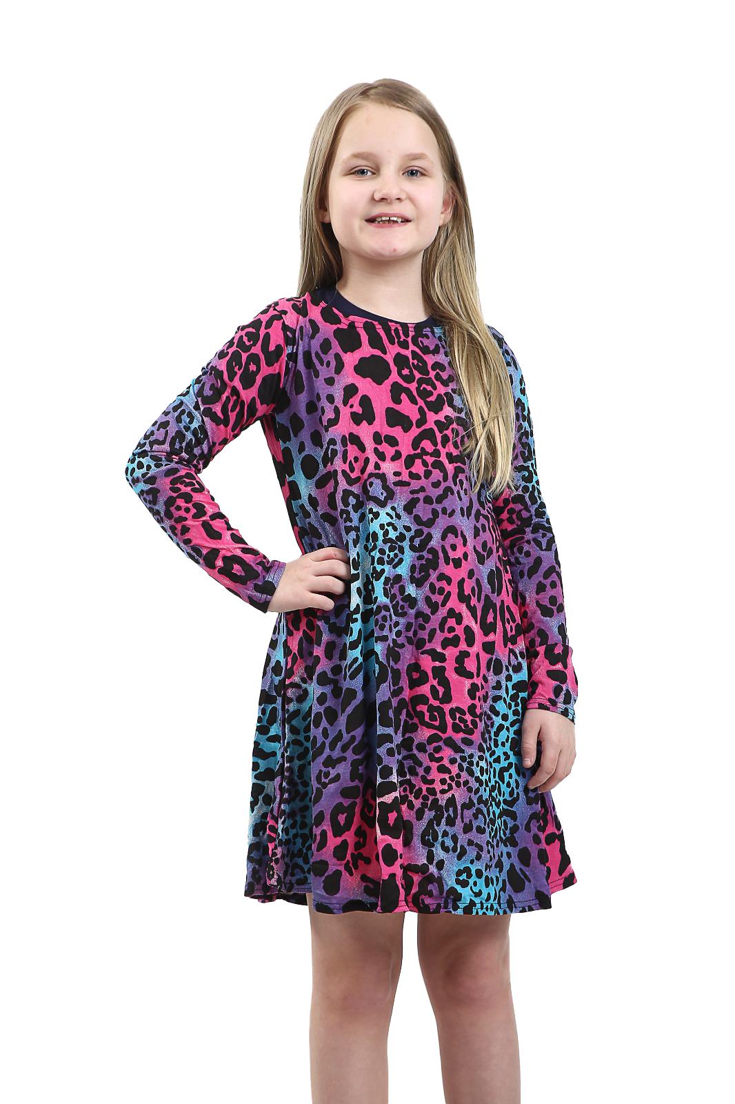 Girls Swing Dress Aztec Leopard Print Kids Long Sleeve Skater Flared ...