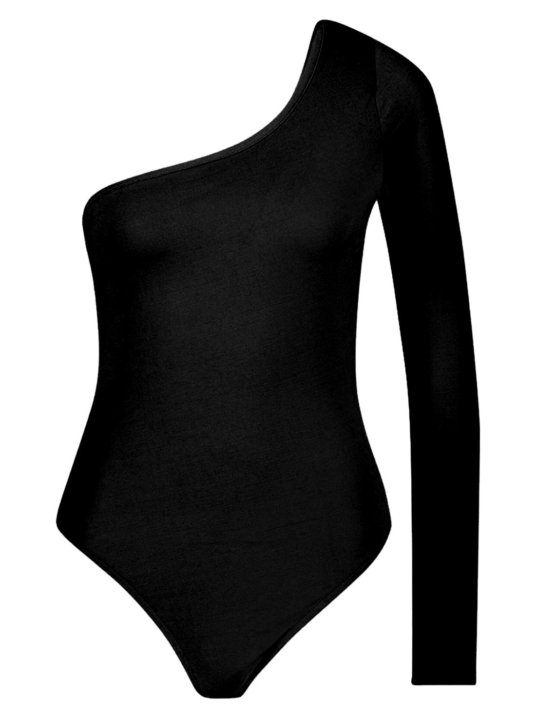womens-one-shoulder-bodysuit-plain-long-sleeve-leotard-basic-stretch-t