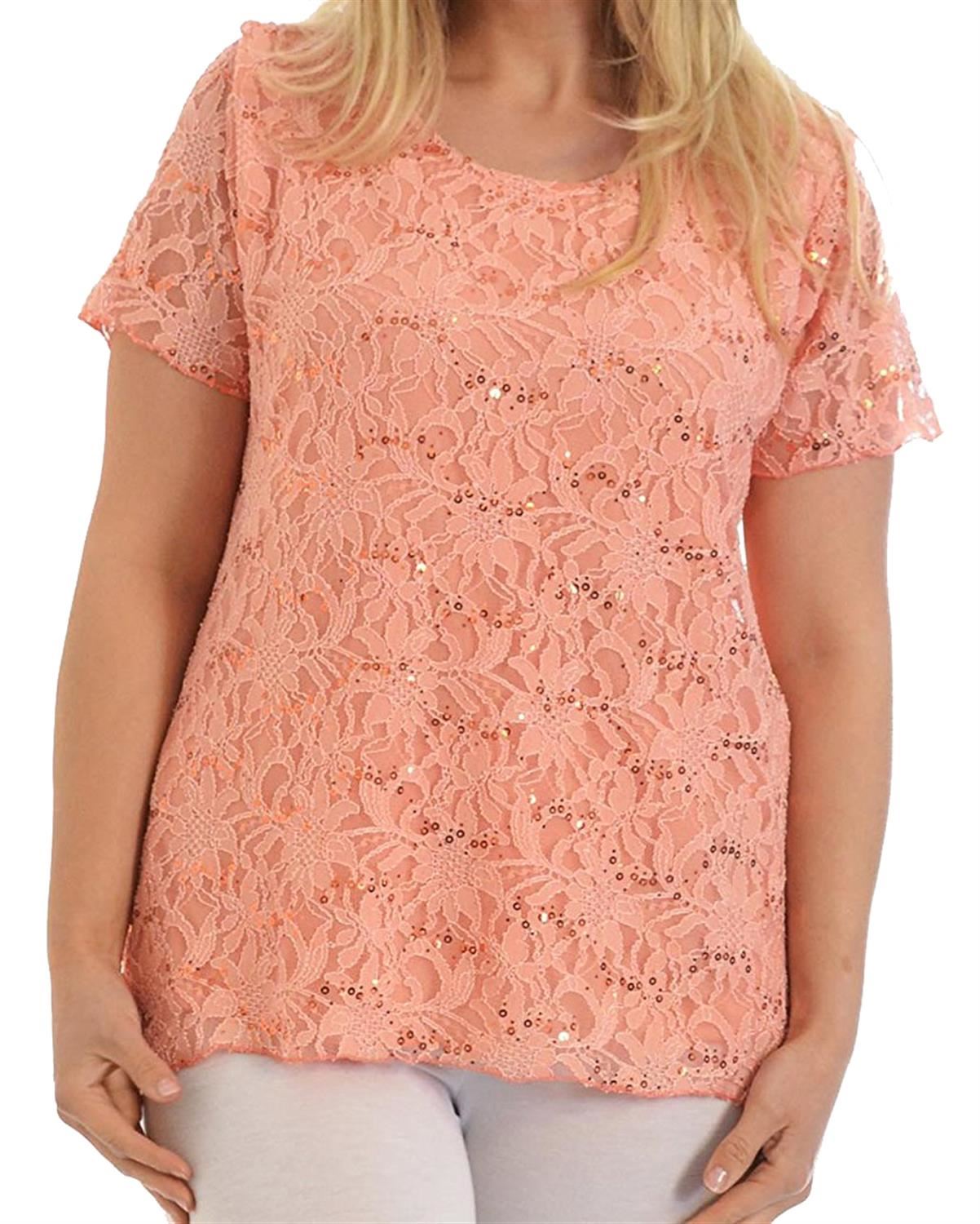 Ladies Plus Size Sequin Detail All Over Floral Lace Tunic T Shirts Tops