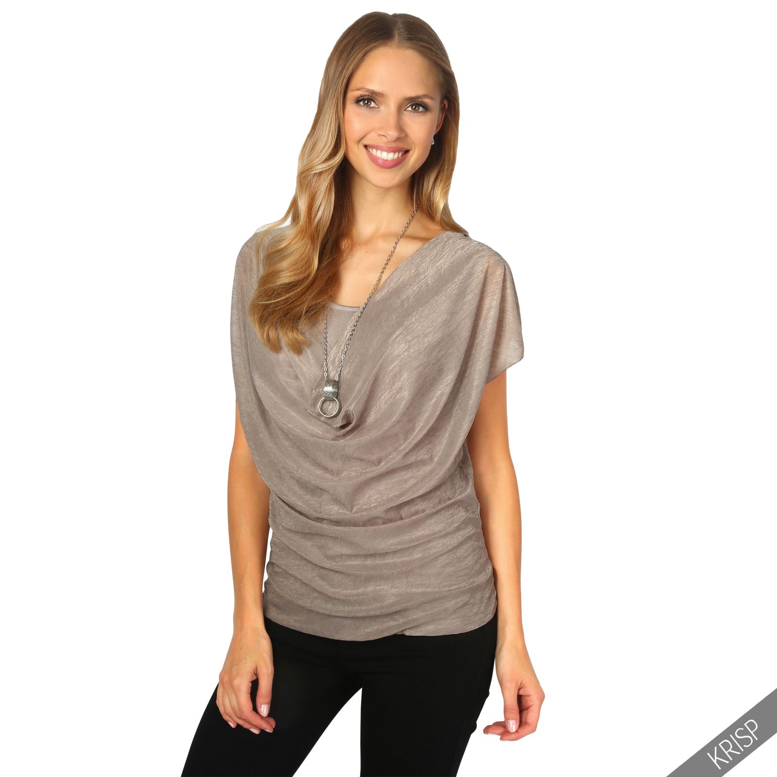 Womens Ladies 2 in 1 Pleated Cowl Neck Mesh Layer Vest Top Tunic Blouse ...