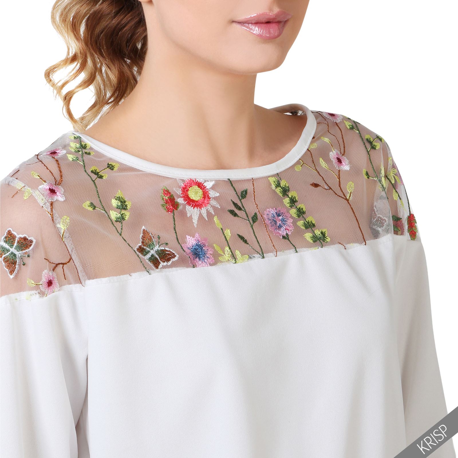 Womens Ladies Floral Embroidered Mesh Top Casual Long Sleeve Jumper