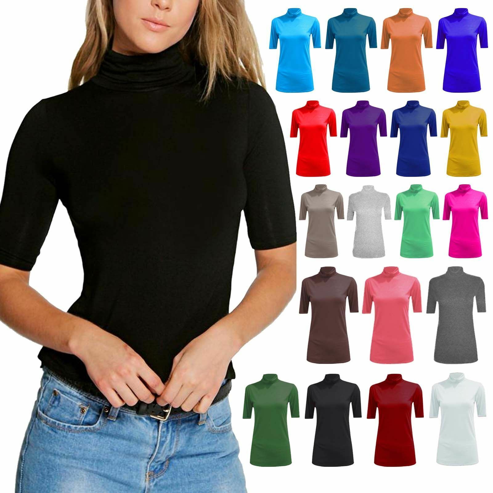 Dames Kleding Ladies Turtle Polo Neck Top Womens Short Sleeve High