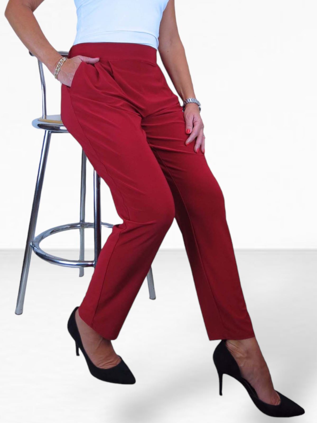 Ladies Smart Work Trousers Soft Stretch Elasticated Waist Pull On ...