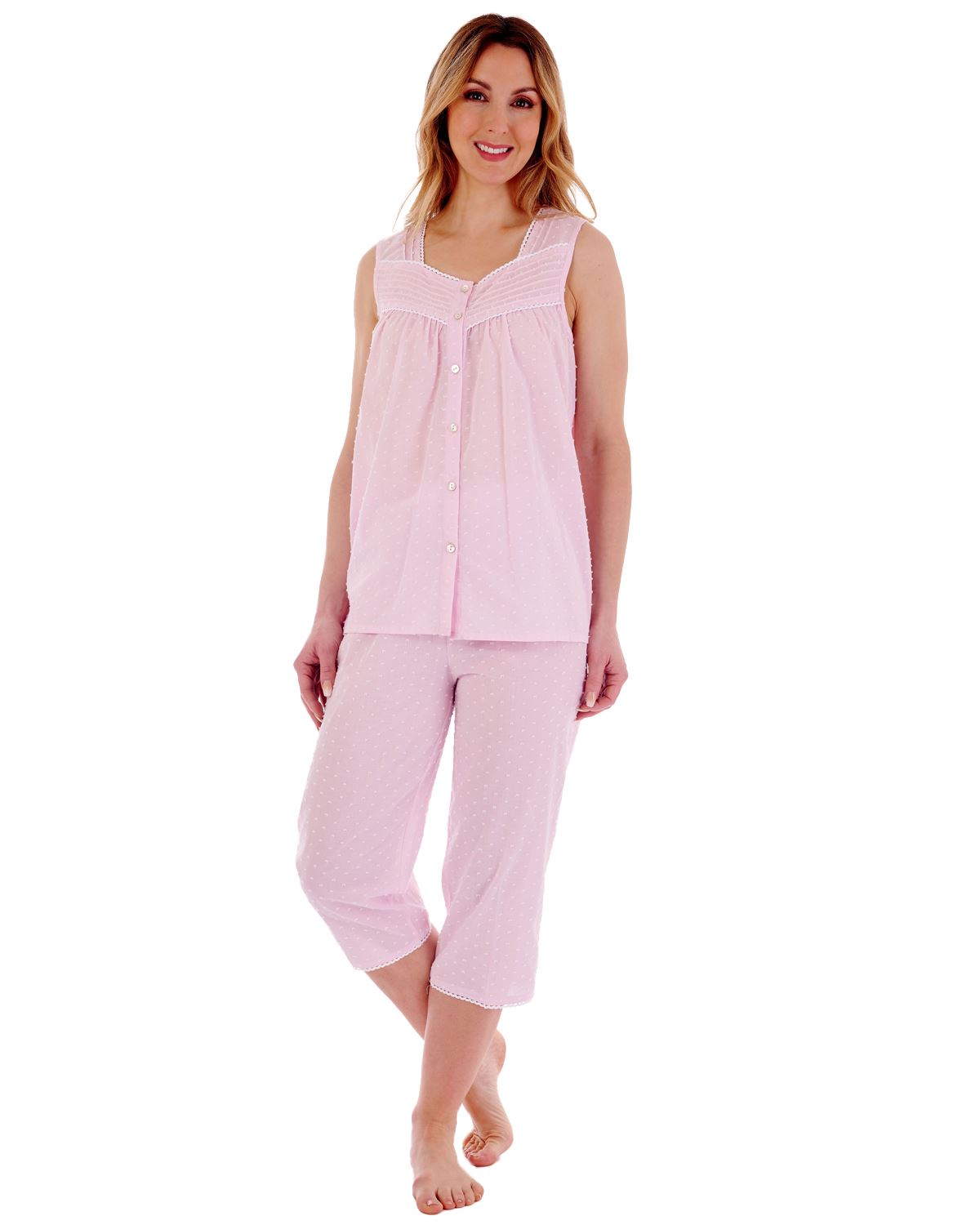 Womens Slenderella Pyjamas Spotty Sleeveless Button Cropped Cotton ...